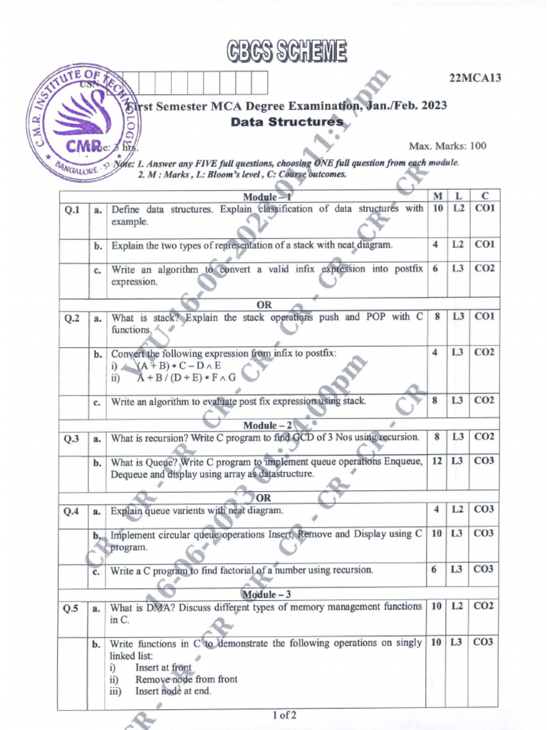 VTU Exam Question Paper With Solution of 22MCA13 Data Structures Feb ...