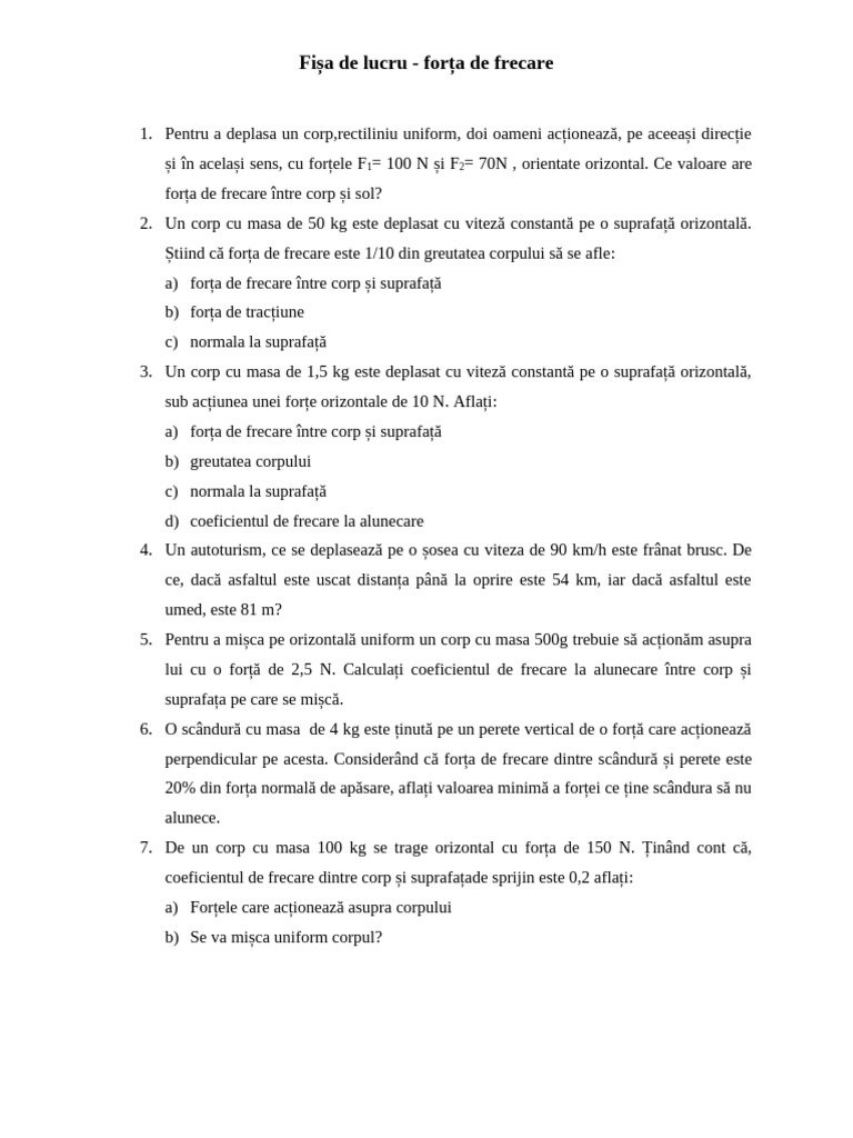 Forta de Frecare Fisa de Lucru | PDF