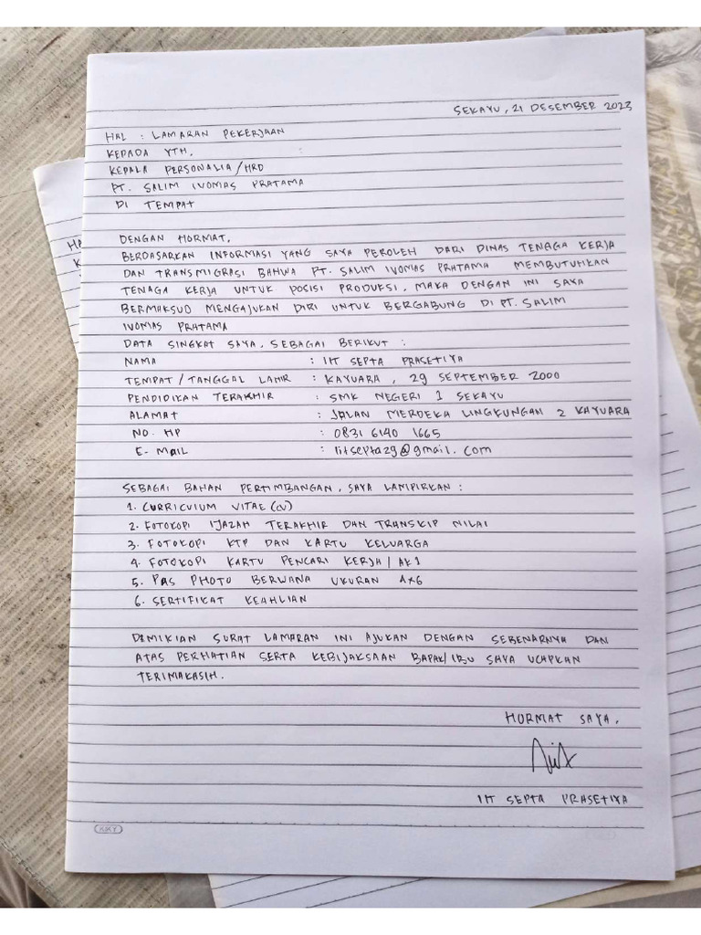 Surat Lamaran - Iit Septa Prasetiya | PDF