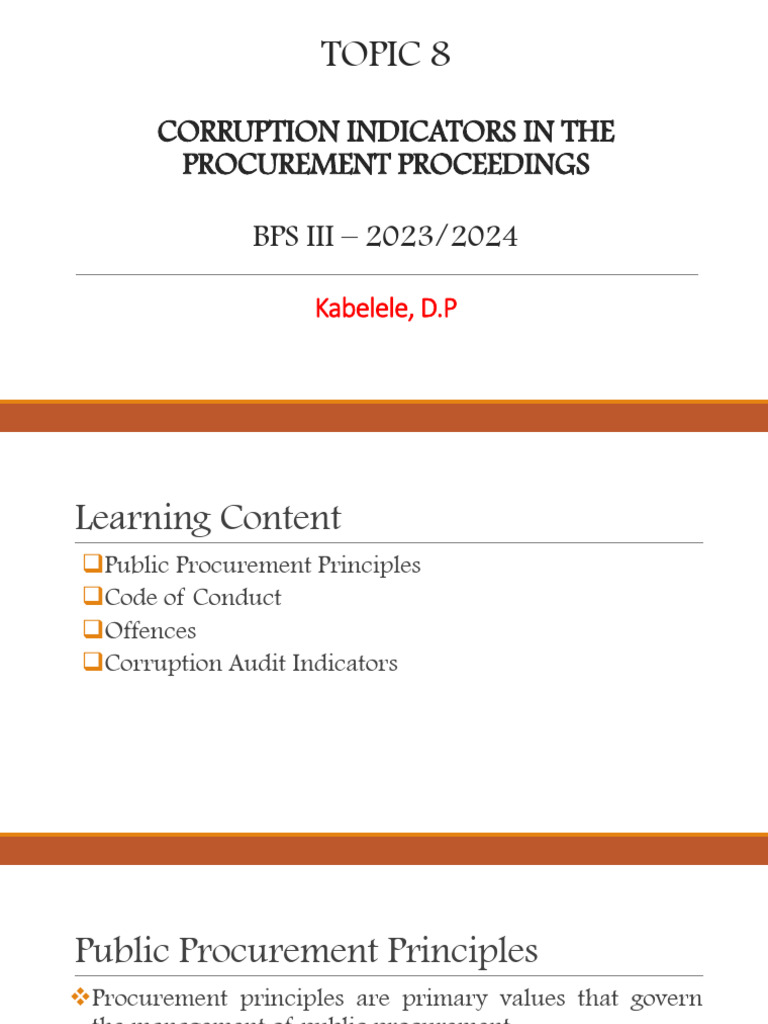 Topic 8 Principles and Code of Conduct in Public Procurement (Autosaved) | PDF