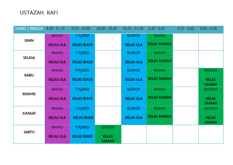 Jadual Ustazah Kafi Soft | PDF