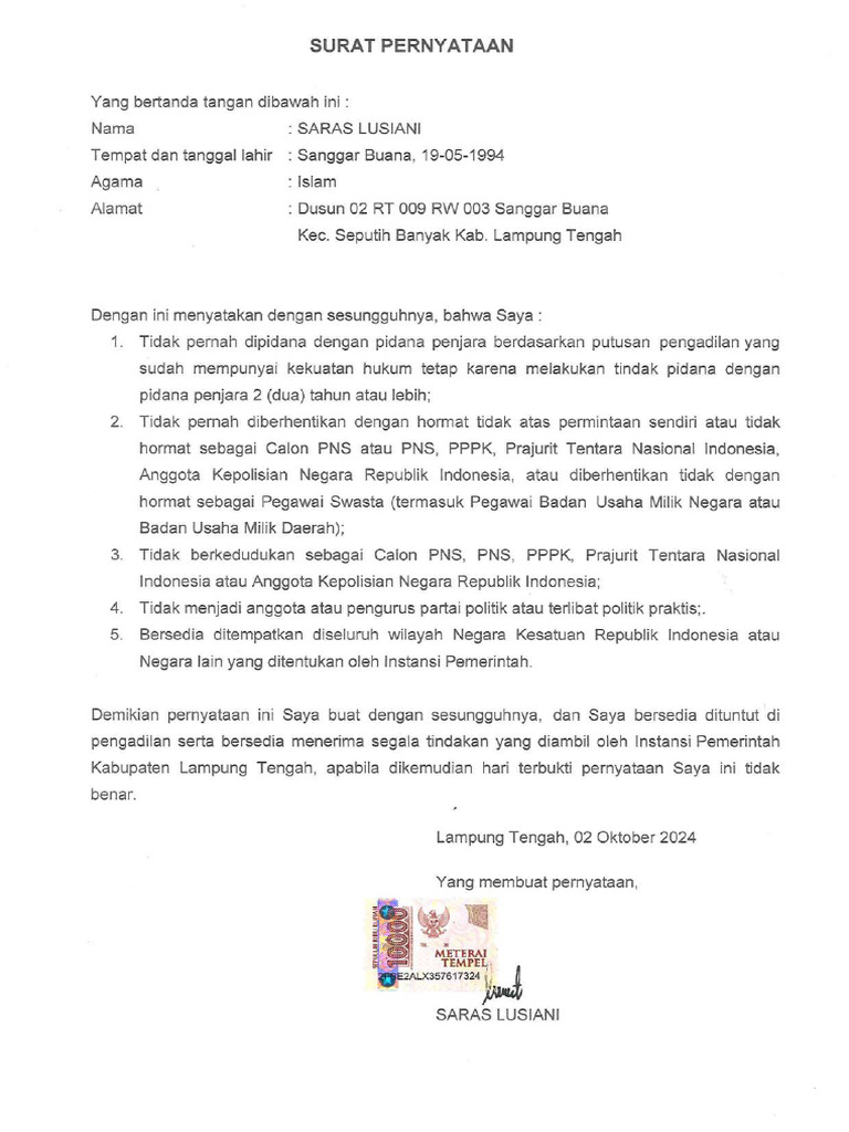Surat Pernytaan Saras Lusiani | PDF