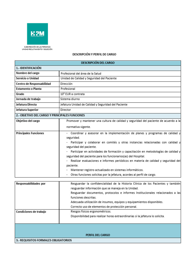 Descripcion Perfil-Profesional-Calidad-cargo Prof de La Salud | PDF ...