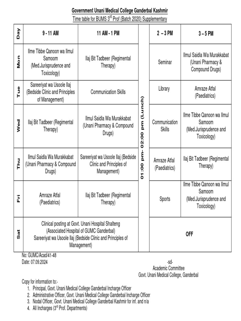 TIME TABLE 3rd Prof 2020 Supplementary Revised September 2024 | PDF ...