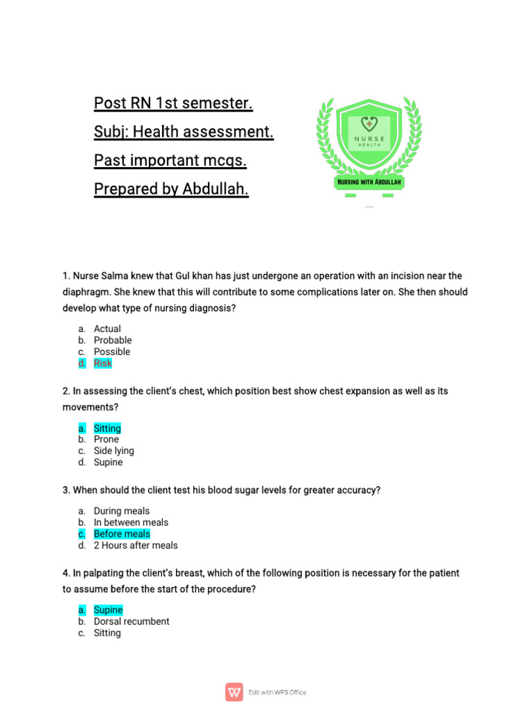 Post RN 1st Semester Health Assessment MCQs | PDF