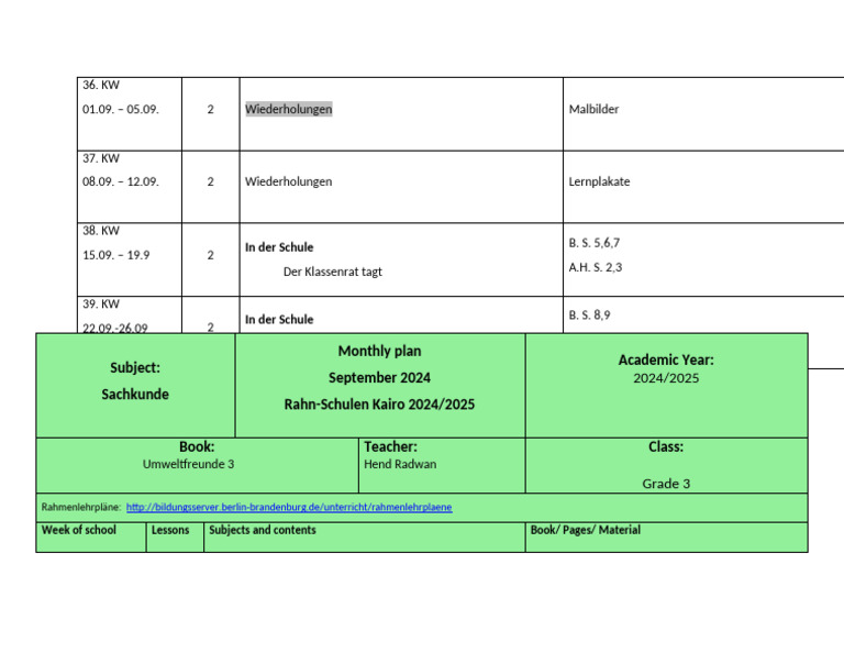 Monatsplan Sachkunde Klasse 3 September 2024 | PDF