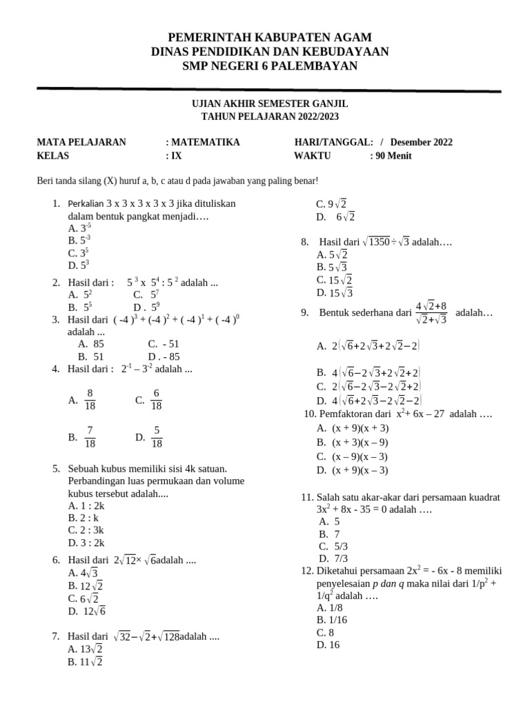 Soal Uas Kls 9 MTK 2022 - 2023 | PDF