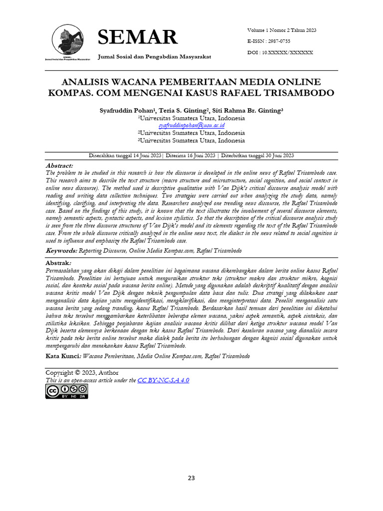 Semar: Analisis Wacana Pemberitaan Media Online Kompas. Com Mengenai Kasus Rafael Trisambodo | PDF