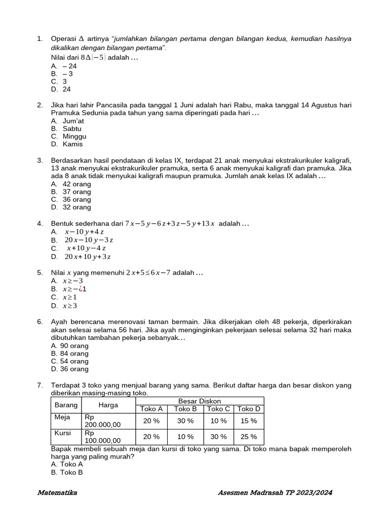 Soal Am Matematika Mts 23_24 | PDF