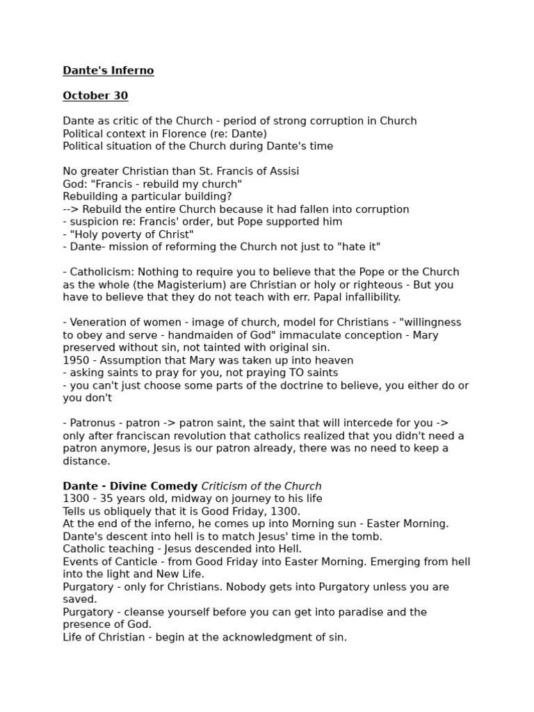 ENGL215 Dante's Inferno Class Notes | PDF