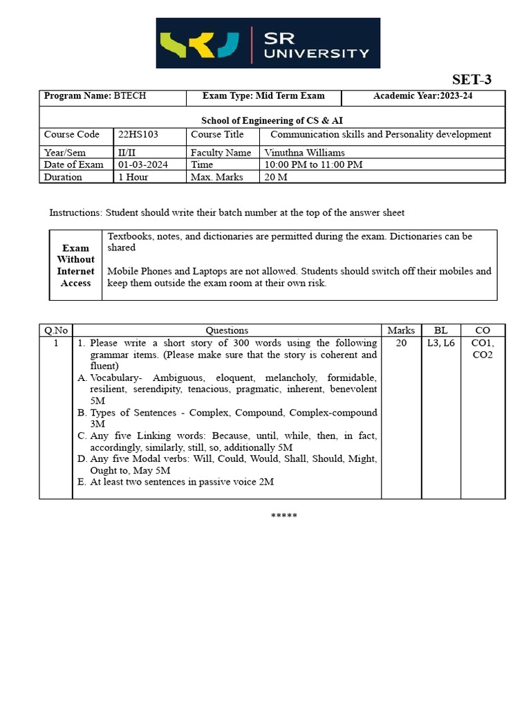 MidTerm Question Paper | PDF