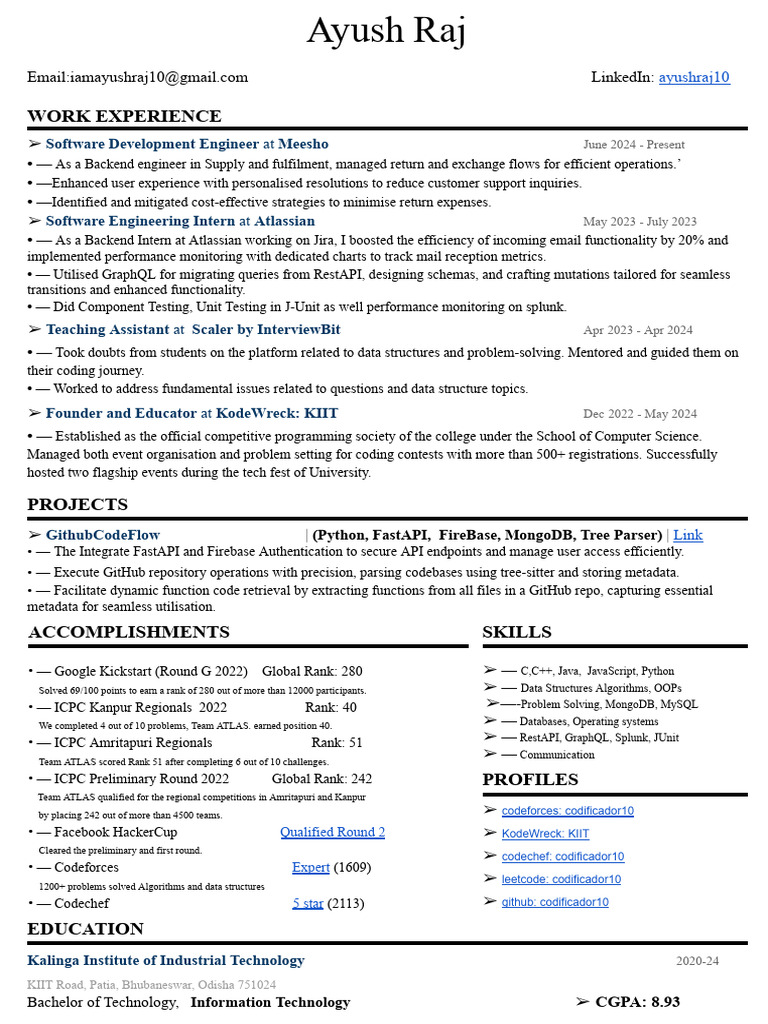 Work Experience: Software Development Engineer Meesho | PDF