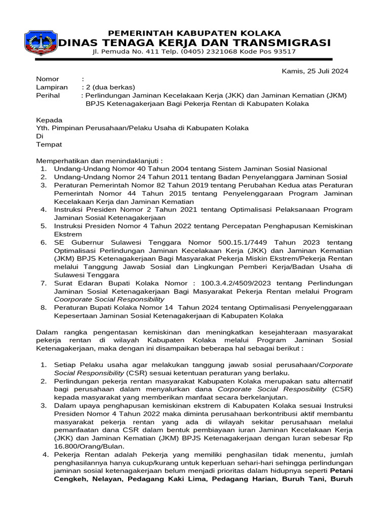 Surat CSR BPJS Ketenagakerjaan | PDF