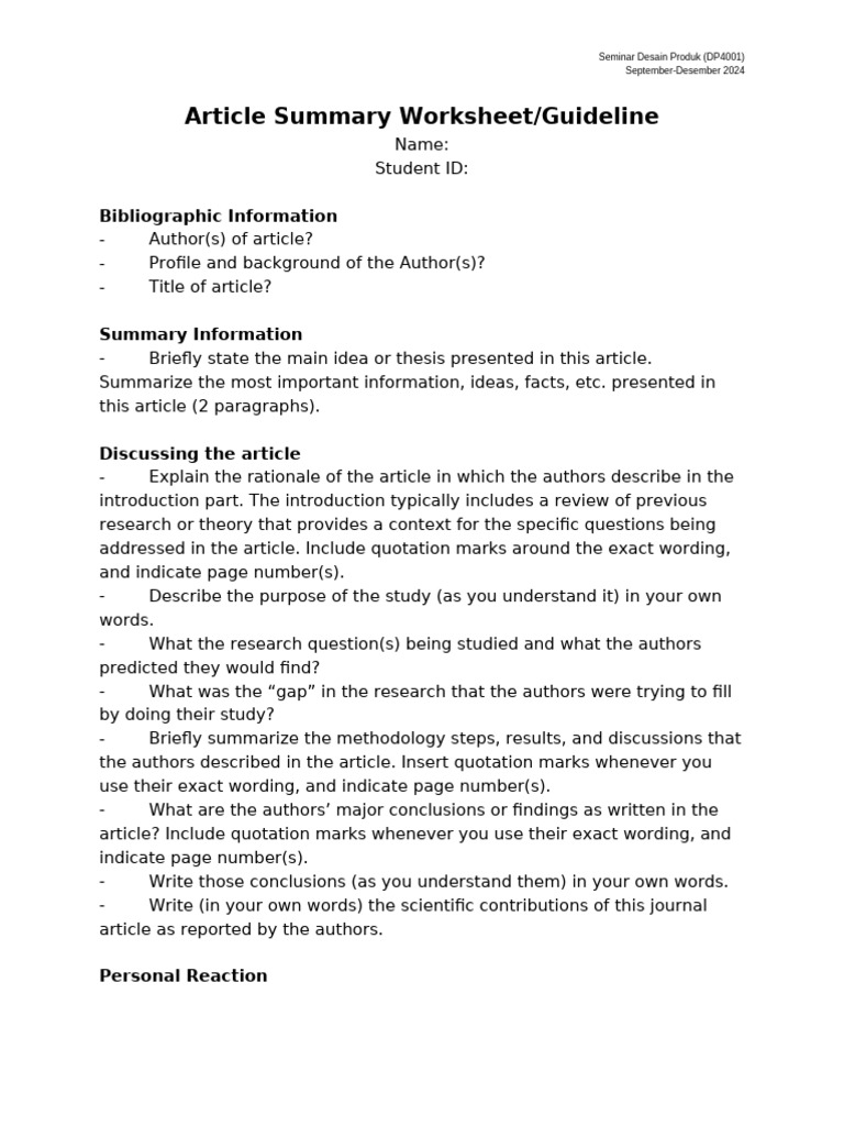 Article Summary Sheet 2024 | PDF