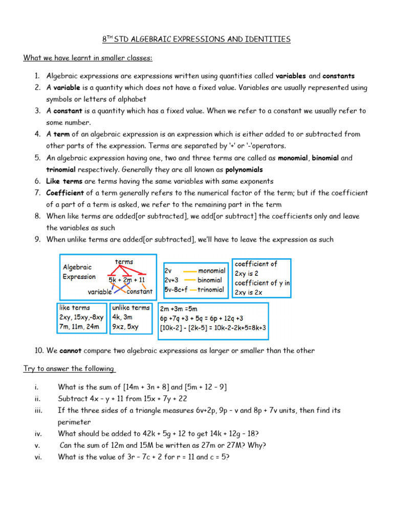 8th STD Algebraic Expressions and Identities | PDF