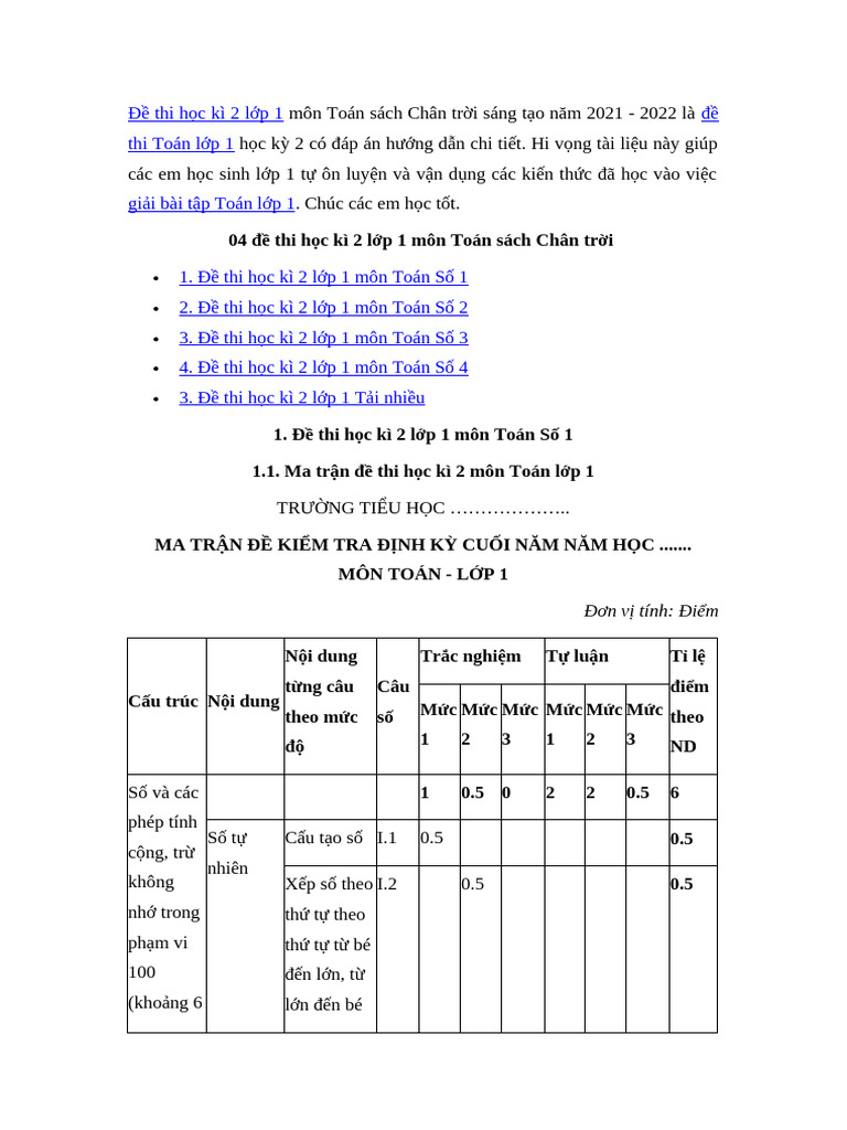 Bo de Thi Hoc Ki 2 Lop 1 Mon Toan Sach CTST | PDF
