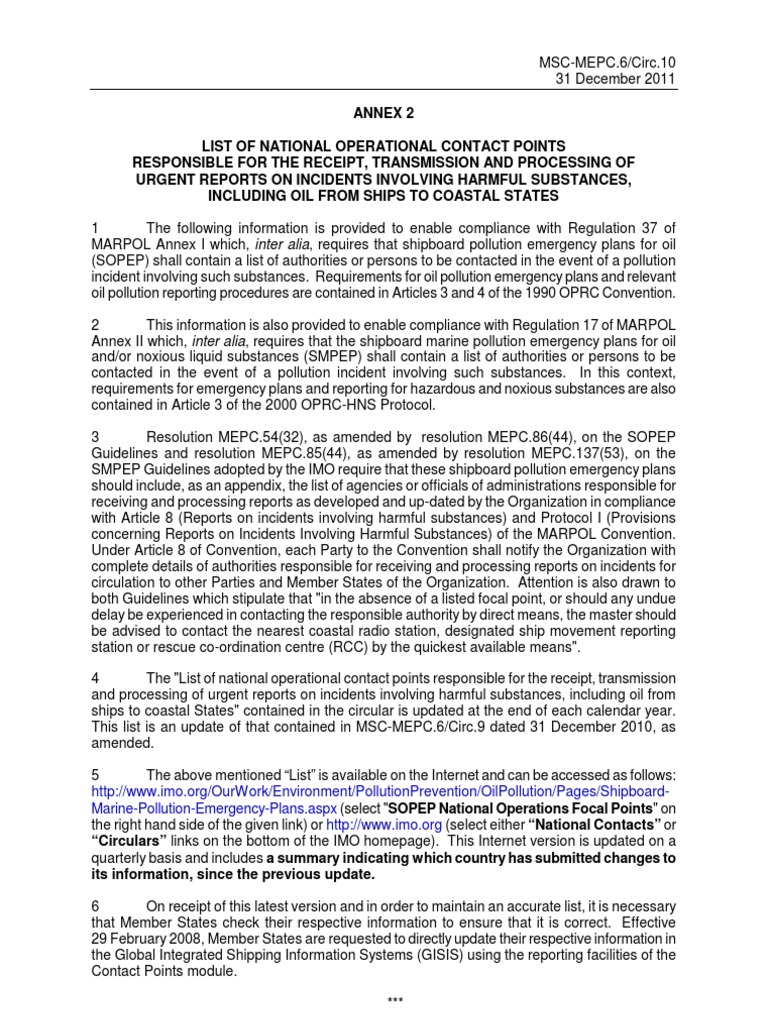 MSC-MEPC 6 - Circ 9-Annex2 (SOPEP) | PDF | Telecommunications | Waterway And Maritime