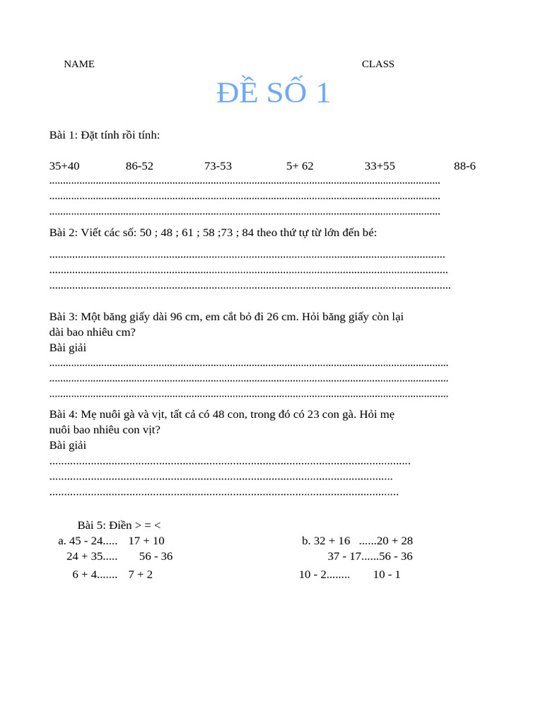 Bo de On Tap Giua Hoc Ki 2 Lop 2 Mon Toan | PDF