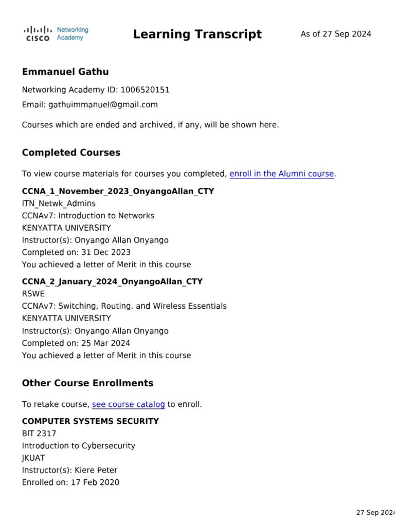 NetAcad Learning Transcript | PDF