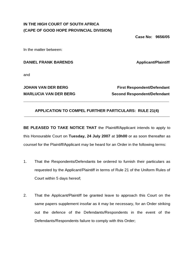 Application To Compel Further Particulars | PDF