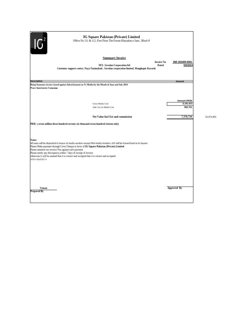 Javedan Summary Invoice | PDF