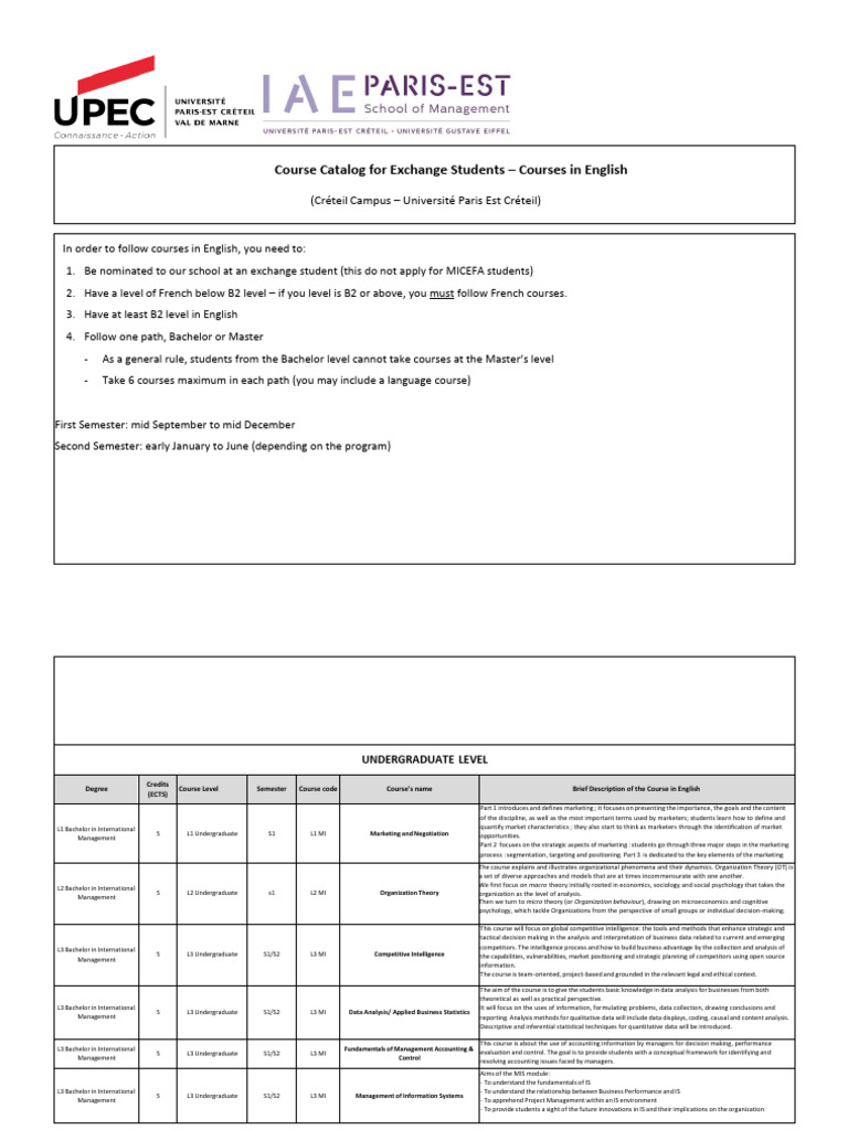 IAE - List of Courses in English 2023 2024 | PDF