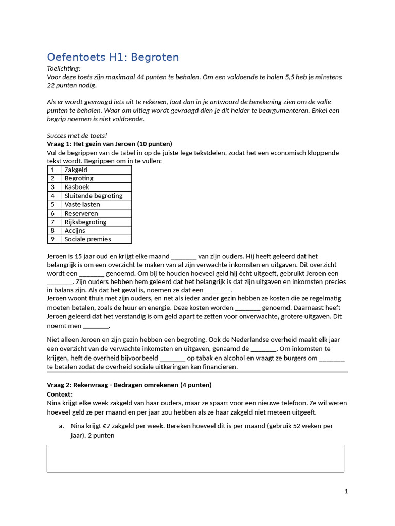 Oefentoets H1 LWEO - 2 en 3 Havo | PDF