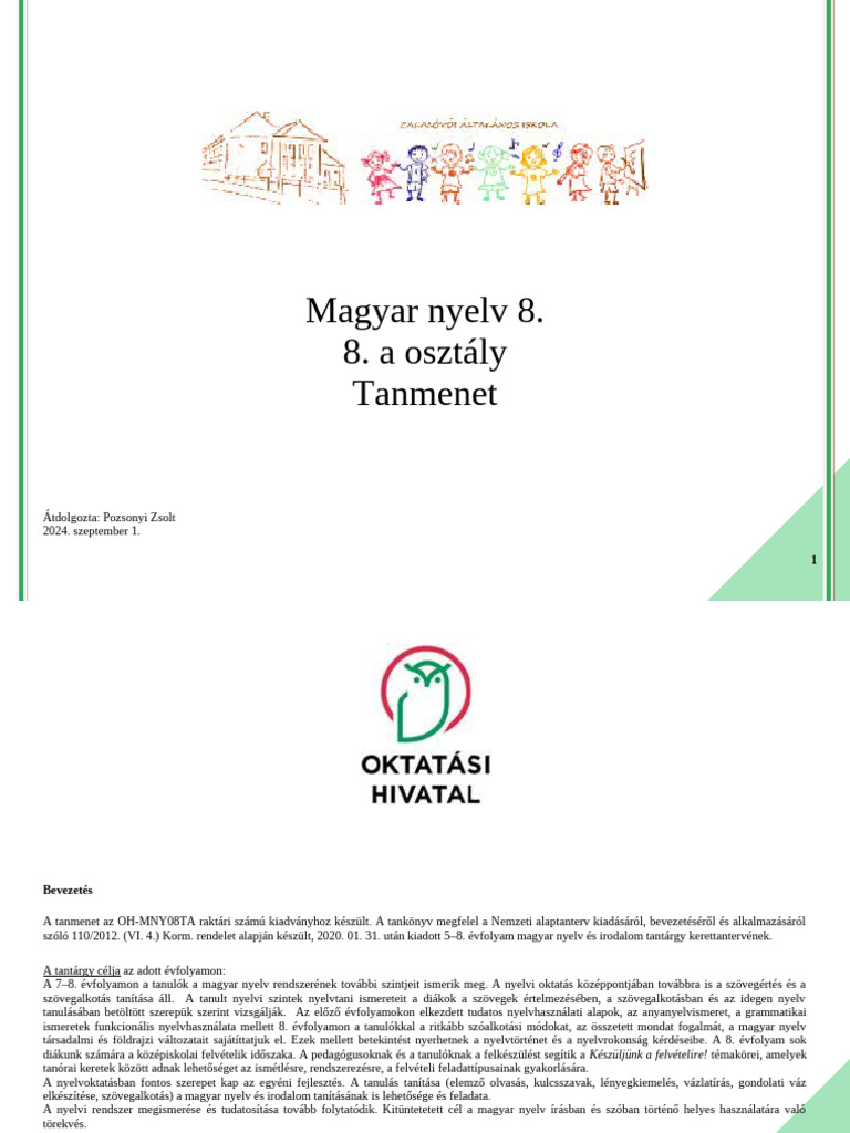 Magyar Nyelv Tanmenet | PDF