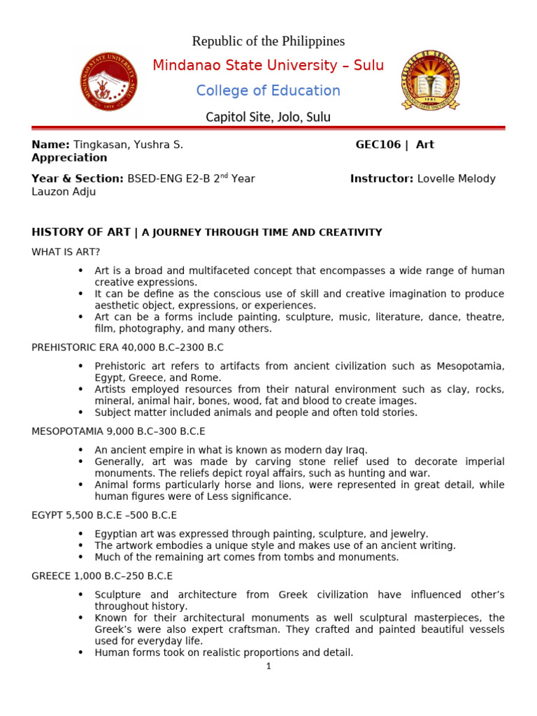 History-Of-Art-Handout-Tingkasan-Yushra-S.-BSED-ENG-E2-B | PDF