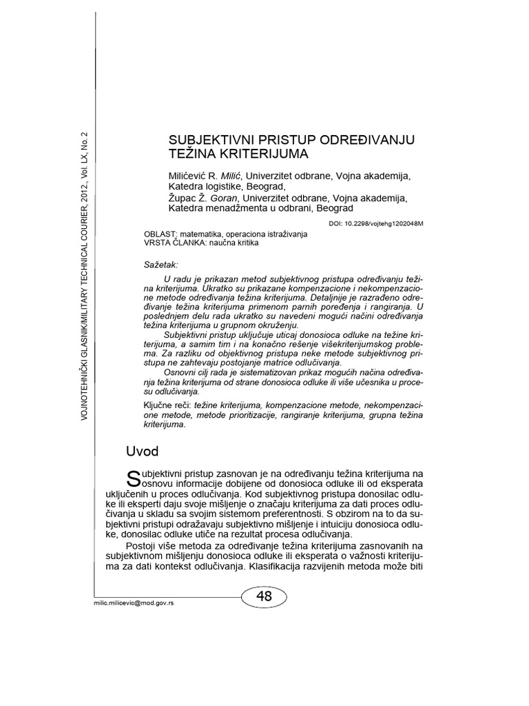 Subjektivni Pristup Određivanju Tezina Kriterijuma | PDF