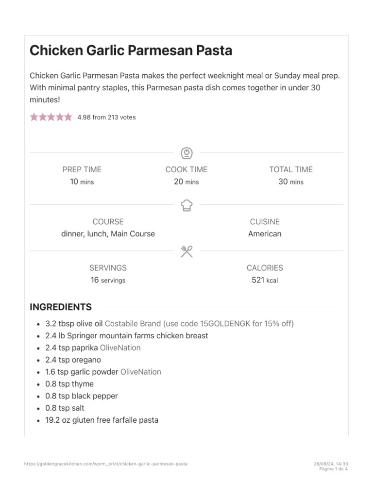 Chicken Garlic Parmesan Pasta - Golden Grace Kitchen | PDF