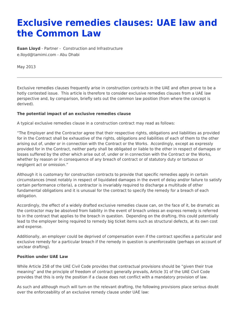 Exclusive Remedies Clauses - UAE Law and The Common Law | PDF