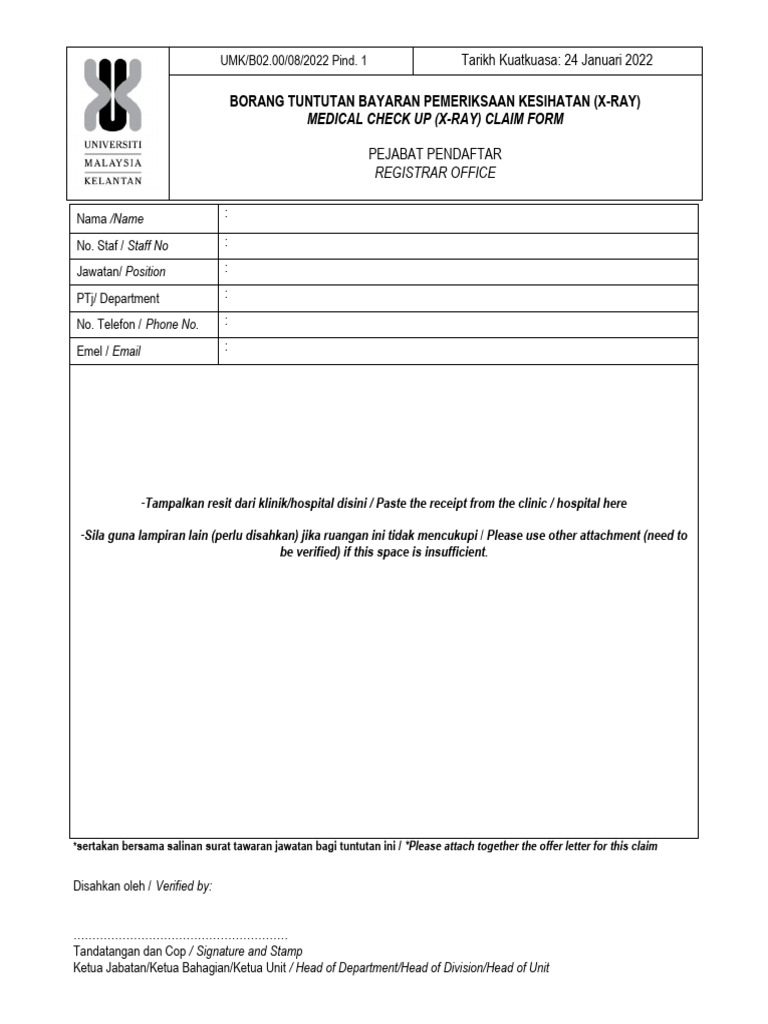 Borang Tuntutan Bayaran Pemeriksaan Kesihatan 28x-Ray 29 | PDF