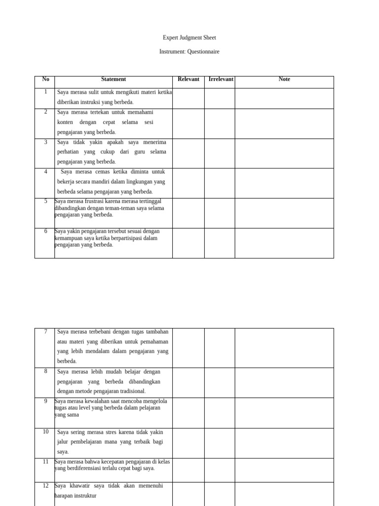 Questionnaire Expert judgement Sheet copy 2 | PDF