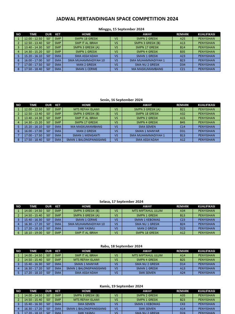 Jadwal Pertandingan Space Competition 2024 | PDF