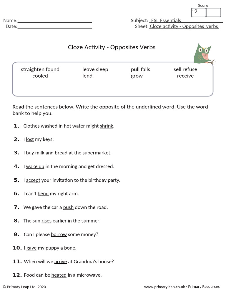 Cloze Activity Opposites Verbs Reading Comprehension Exercises - 120832 ...
