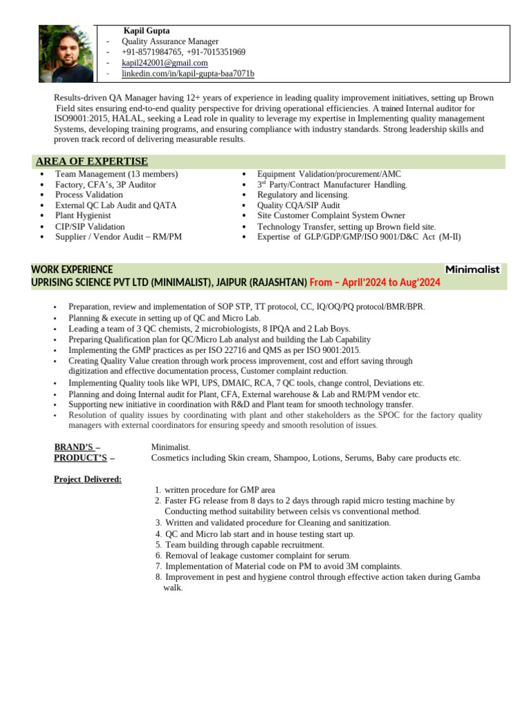 CV Kapil Gupta - Quality Manager | PDF