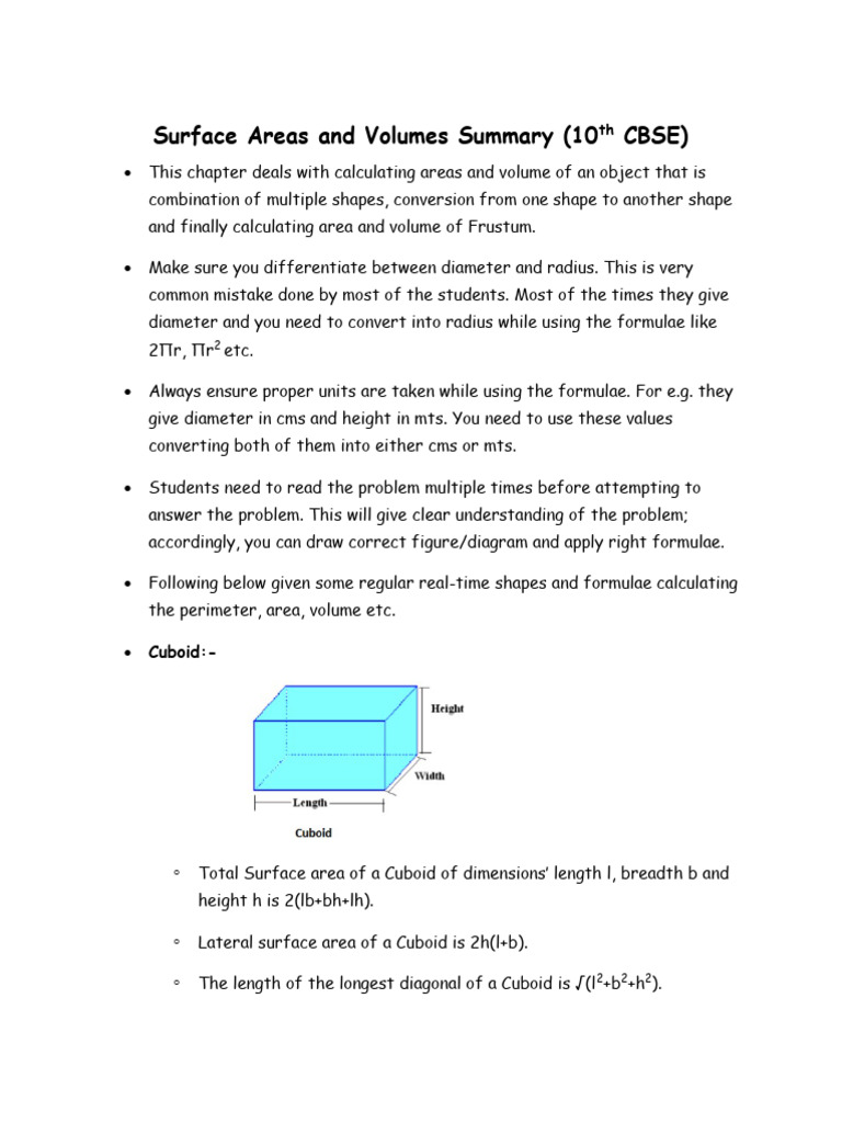 Surface Areas and Volumes Summary | PDF