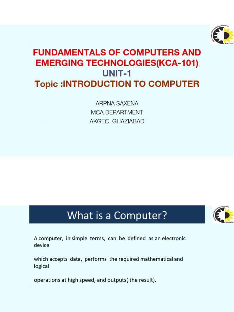 KCA 101 (Lec 1) - Introduction To Computer | PDF KCA 101 (Lec 1) - Introduction To Computer | PDF