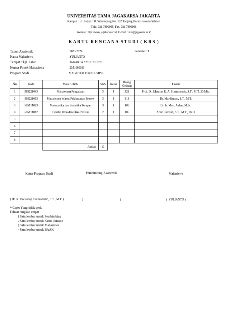 Format KRS Yulianto Semester 1 Dan 2 Serta 3 | PDF