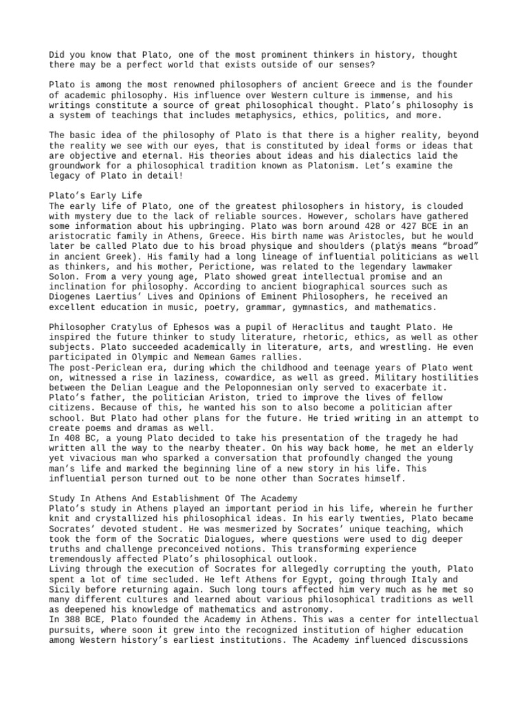 Plato A Complete Overview of His Life, Work, and Philosophy | PDF