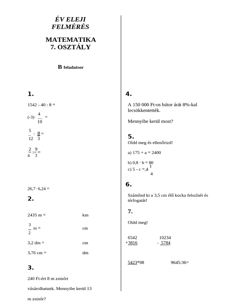 Matek - 6.o. - Eveleji - Felmero WORD | PDF