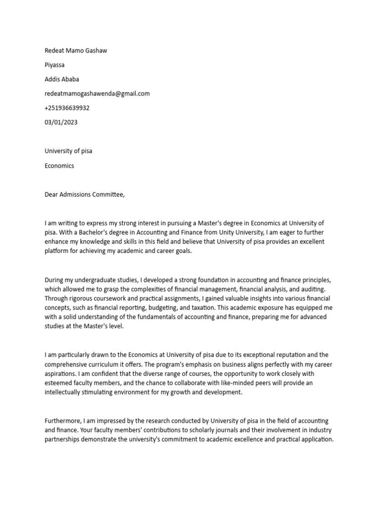 Redeat Mamo Gashaw Motivation Letter | PDF | University | Academic Degree