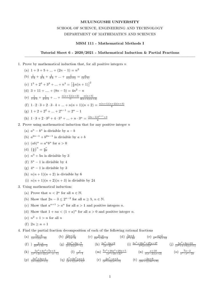 Tutorial Sheet 6 - Mathematical Induction and Partial Fractions | PDF | Abstract Algebra ...
