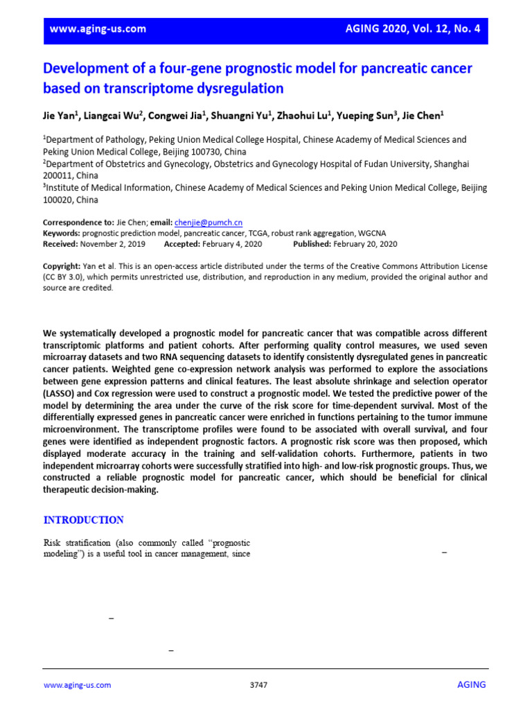 Four Gene - Prognostic Model - PanCa - Transcription Dysregulation | PDF