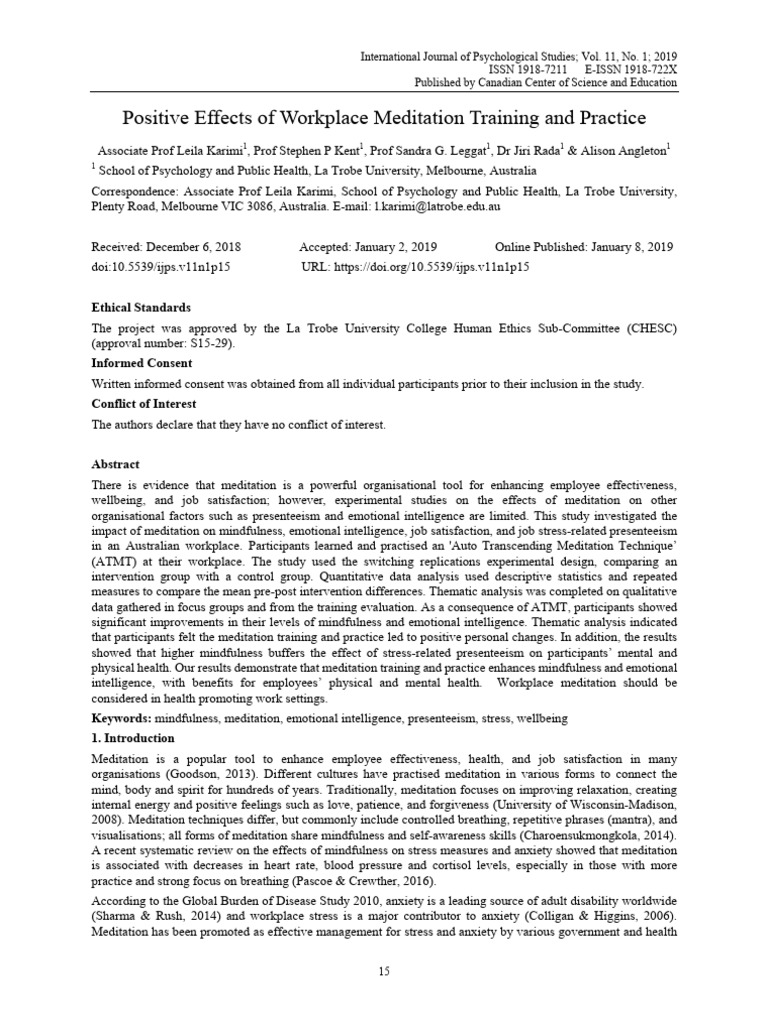 Positive Effects of Workplace Meditation Training | PDF