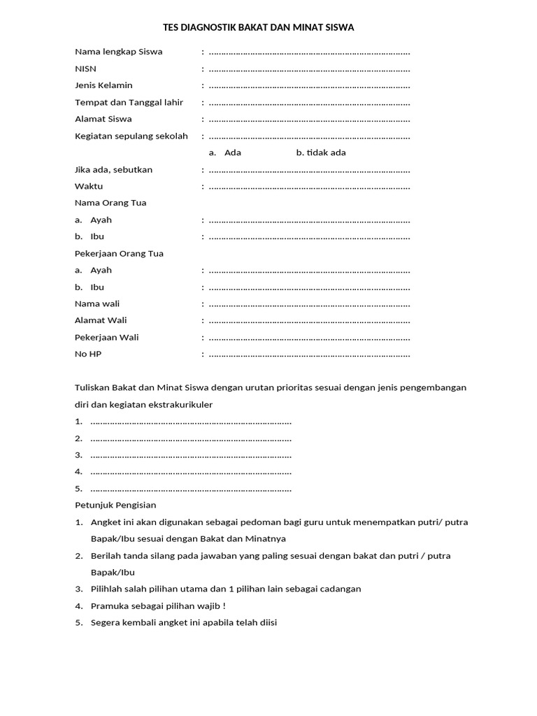 Contoh Soal Tes Minat Bakat Siswa | PDF