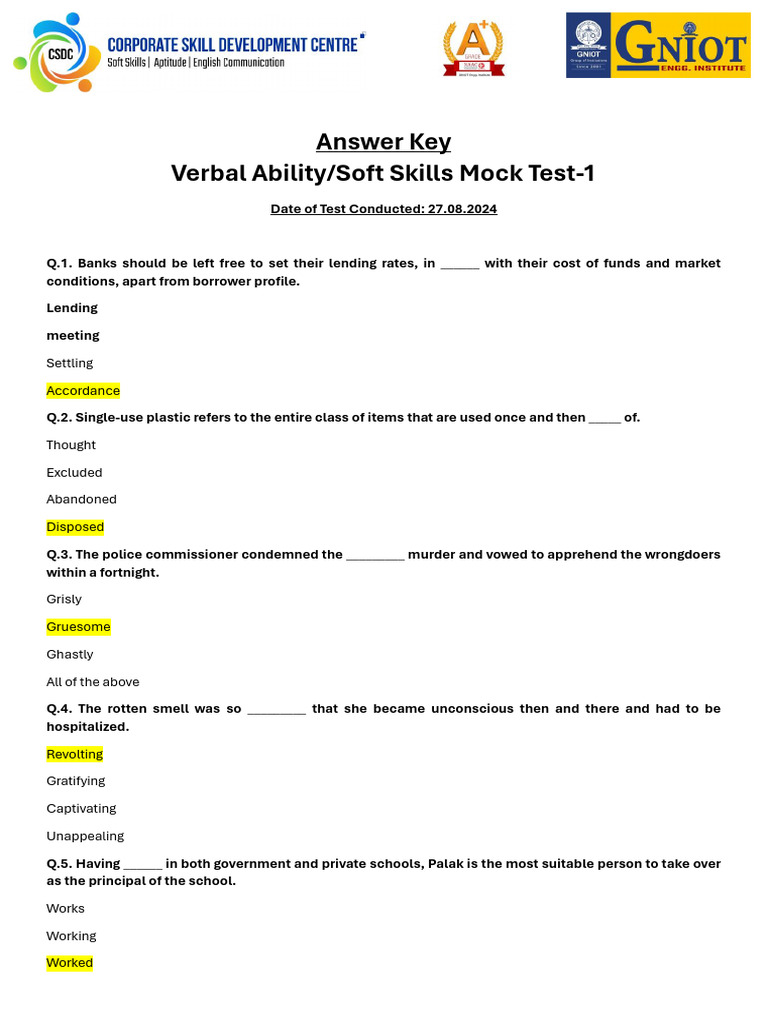 Verbal Ability - Soft Skills Mock Test 1 - Answer Key | PDF