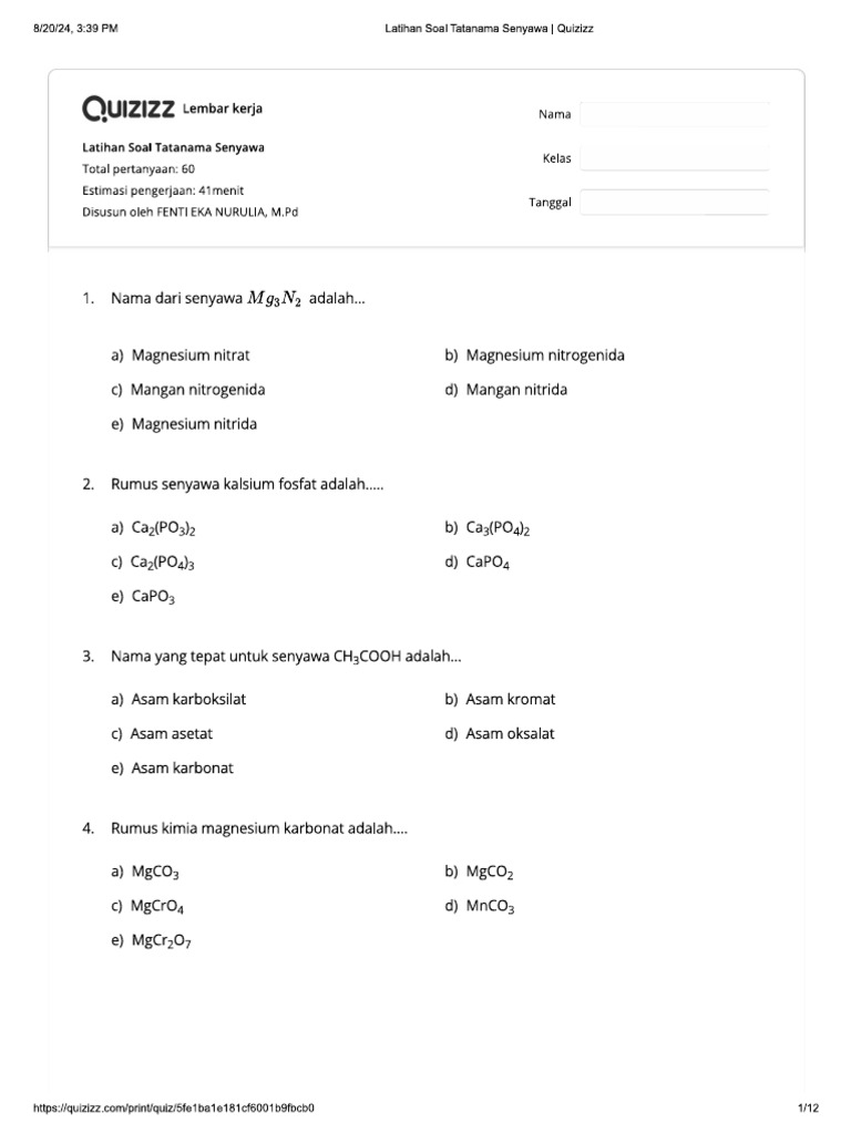 Latihan Tatanama Kelas X 2425 | PDF