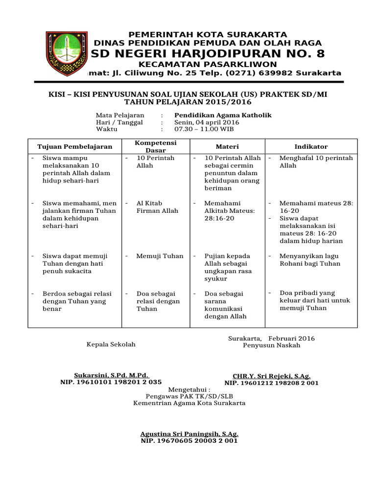 Kisi-Kisi Dan Soal Agama Katholik Praktek 2015-2016 | PDF